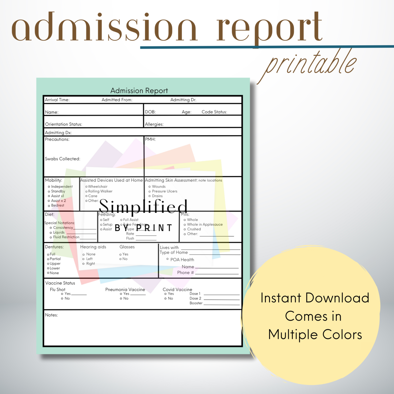 Nursing Patient Admission Information Report Sheet – Simplified by Print